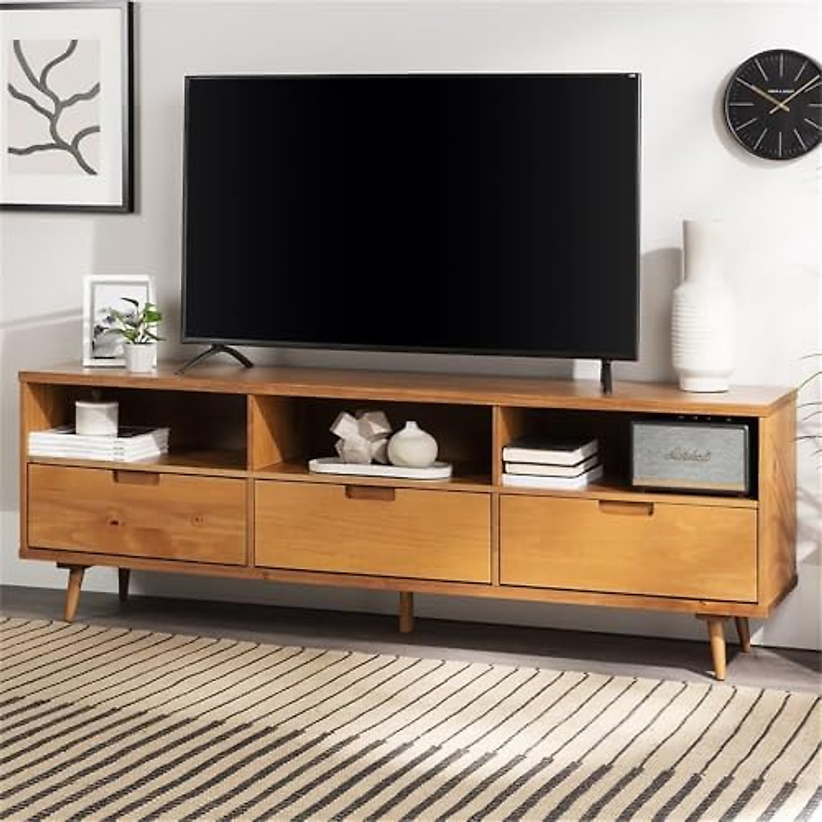 Walker Edison Millie Mid Century Modern 3 Drawer Solid Wood Low Stand for TVs up to 80 Inches, 70 Inch, Caramel