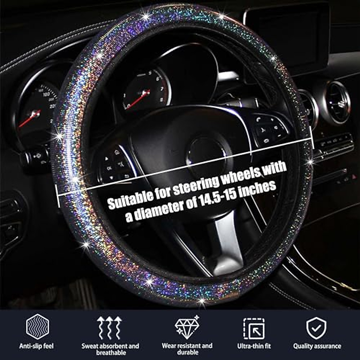 GKmow 1 PC Shiny Car Steering Wheel Cover, Breathable Anti-Slip Elastic Band Handle Cover Without Inner Ring, Universal Creative Decorative Accessory, Product Suitable for Most Car Models (Silver)