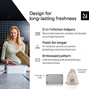 LARS NYSØM Bread Box I Bread Bin with Linen Bread Bag for Long-Lasting Freshness I Bread Box with Bamboo Lid Usable as Cutting Board I 13.4x7.3x5.3 in