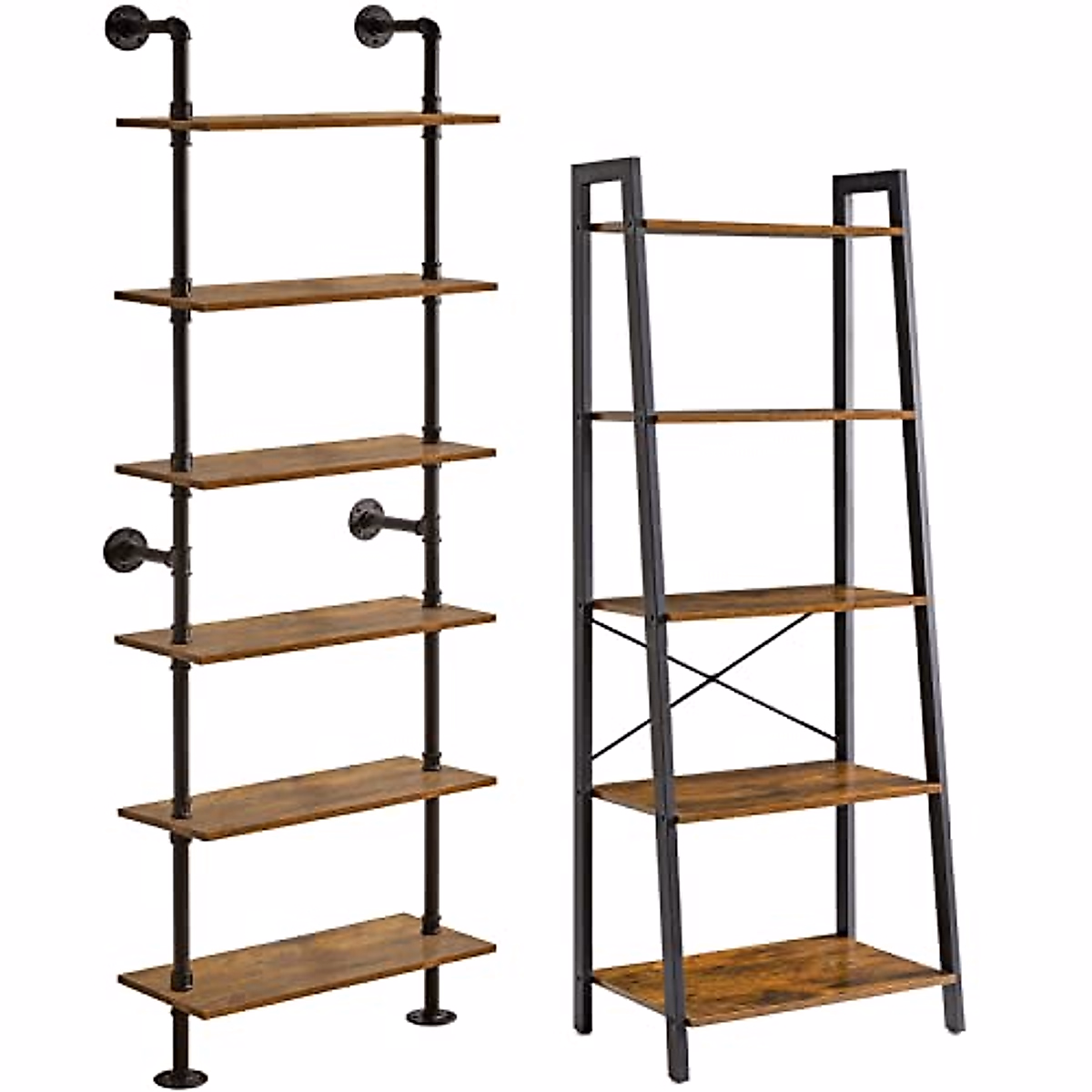 YMYNY Industrial Ladder Shelf, 5+6-Tier Bookcase with Metal Frame, 78.7"+67.3" Open Bookshelf, HTMJ017H+RF-TM018