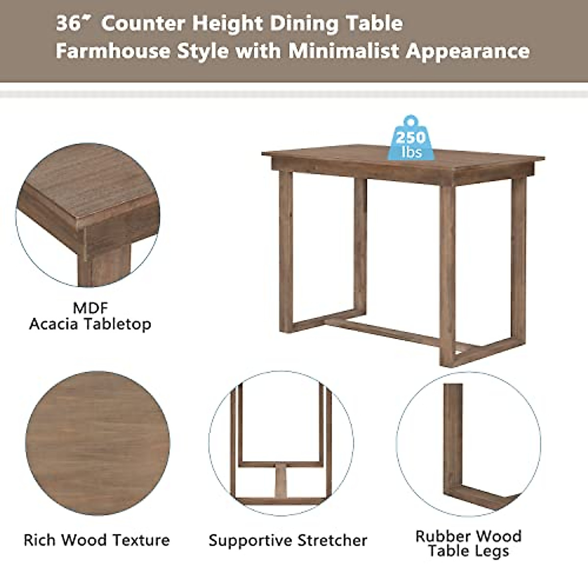 Knocbel Farmhouse 4-Person Counter Height Rectangular Dining Table, Wooden Kitchen Dining Room Small Space Furniture, Distressed Finish (Brown)