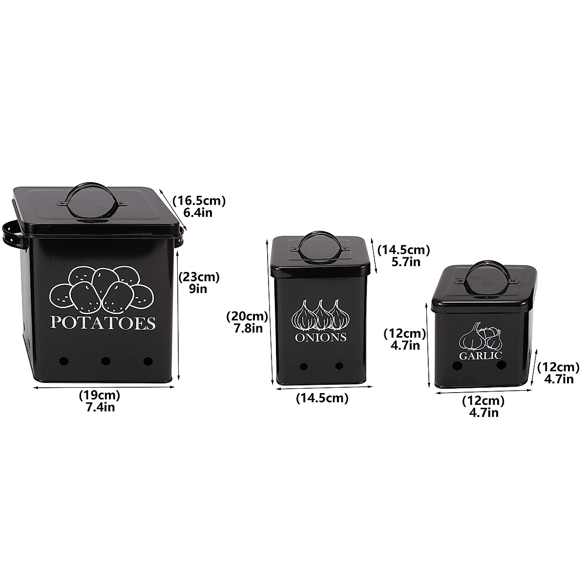 Potato Onion Kitchen Storage Canisters Jars Pots Containers 3 Pack Set - Potatoe, Garlic Bin Caddy, Long Shelf Life With Aerating Tin Storage Holes-Black