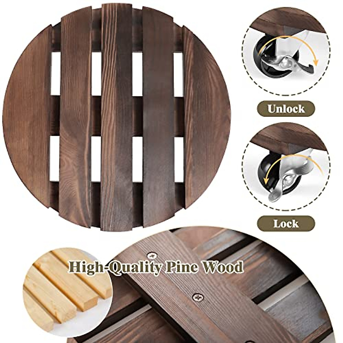 2pack 12" Plant Caddy Plant Stand with Wheels Rolling Plant Stand Heavy Duty Wooden Round Plant Dolly Rollers with Metal Lockable Casters Indoor Outdoor Pot Plant Roller Base Caddies,Patio,Flower Pot