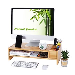 NXN-HOME 2-Tier Bamboo Monitor Stand | Wood Desk Organizers and Accessories | Laptop Computer Monitor Riser with Adjustable Storage Accessories