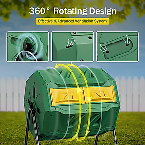 Saicool Large Dual Chamber Composting Tumbler Outdoor Garden Rotating Compost Bin Tumbling Composter with Sliding Door, (43 Gallon,Green)