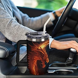 HJUQNGF 40 Oz Personalized Tumbler with Handle And Straw Fire And Ice Dragons Stainless Steel Insulated Tumblers Reusable Car Thermal Cup Travel Coffee Mug for Women Men