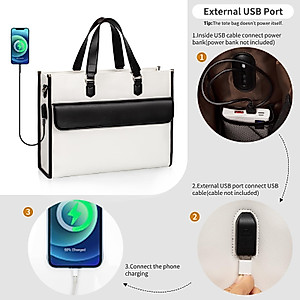 Laptop Bag for Women, Laptop Tote Bag 17 Inch, Waterproof Leather Computer Tote Bag with USB Charging Port, Women Briefcase Business Office Work, Large Capacity Handbag Shoulder Bag White