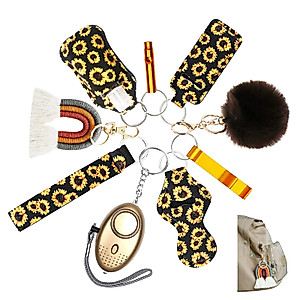 LQMIZ Safety Keychain Set for Women Girls with Personal Safety Alarm, Wristlet, Pompom ,Rainbow Tassel KeyChain Accessories Kit（sunflower).