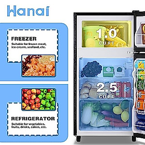 WANAI Mini Fridge with Freezer 3.5 Cu.Ft Double Door Compact Refrigerator with Freezer-on-Top Small Freestanding Fridge with 7 Level Adjustable Thermostat Bedroom Dorm Office, Kitchen Apartment Silver
