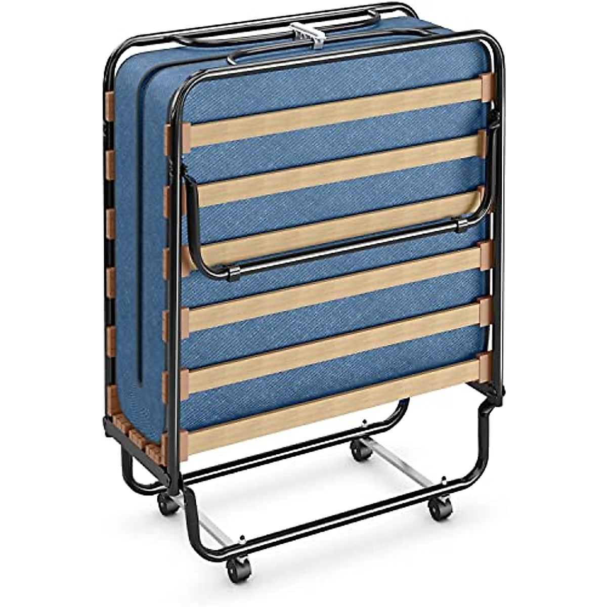 Augester Folding Bed with 4 Inch Mattress, Rollaway Foldable Guest Bed for Adults, Memory Foam Mattress & Sturdy Metal Frame, Portable Bed Cot Size w/Wheels, Easy to Transport, Blue