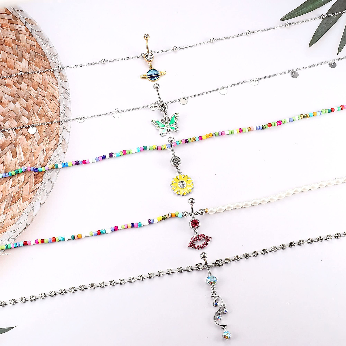 Drperfect Belly Button Ring with Waist Chain for Women Belly Ring Chain 14G Stainless Steel Dangle Belly Button Ring Belly Chain Jewelry for Waist