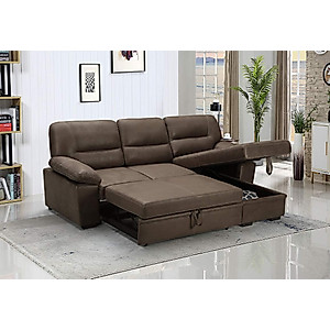 Lilola Home Kipling 99" W Saddle Brown Microfiber Reversible Sleeper Sectional Sofa Chaise