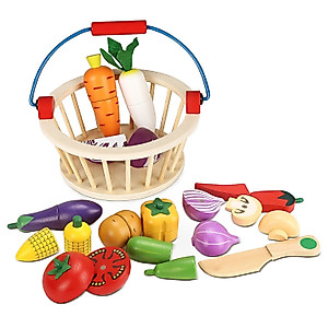 Victostar Magnetic Wooden Cutting Fruits Vegetables Food Play Toy Set with Basket for Kids