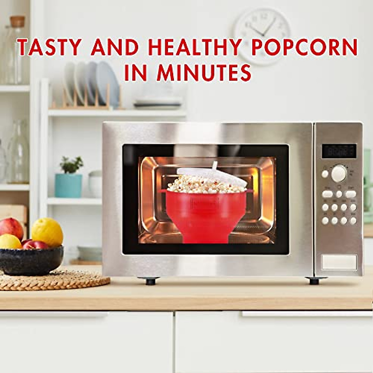 The Original Korcci Microwaveable Silicone Popcorn Popper, BPA Free Microwave Popcorn Popper, Collapsible Microwave Popcorn Maker Bowl, Dishwasher Safe - Red