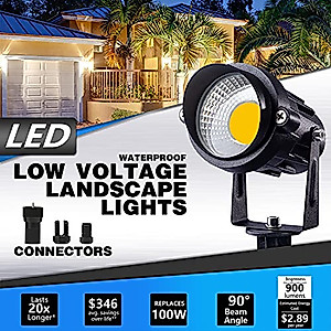 SUNVIE 12W LED Low Voltage Landscape Lights, Outdoor 12V 3000K Warm White (900LM) Waterproof Garden Pathway Lights Wall Tree Flag Spotlights with Spike Stand, 2 Pack with Connector