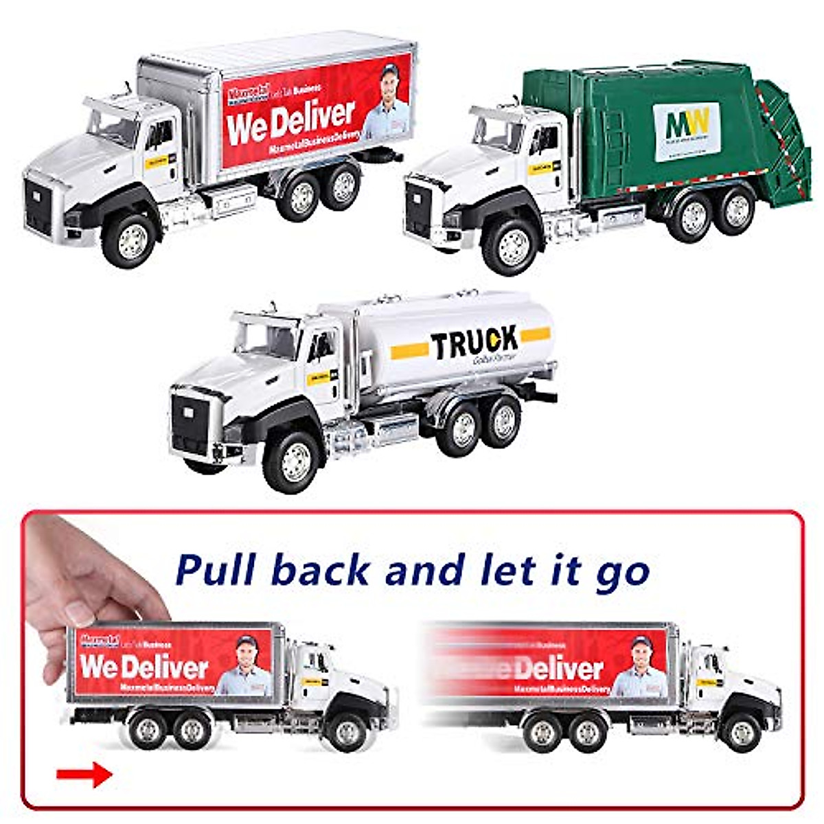 G.C 3 Pack Diecast Transport Vehicles Truck Toys Set Garbage Truck Tanker Delivery Truck 1:50 Scale Pull Back Metal Model Car Toys for Boys