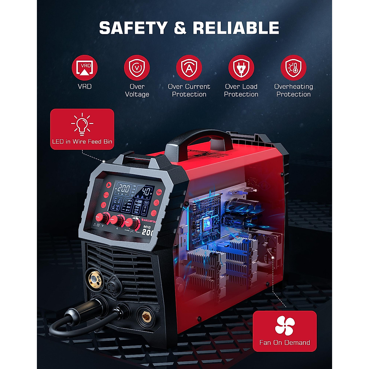 ARCCAPTAIN MIG Welder, 200Amp 6 in 1 Gas MIG/Gasless Flux Core MIG/Stick/Lift TIG/Spot welding/Spool Gun 110V/200V Aluminum Multi Process Welding Machine with LED Digital Display, Burn Back Adjustment