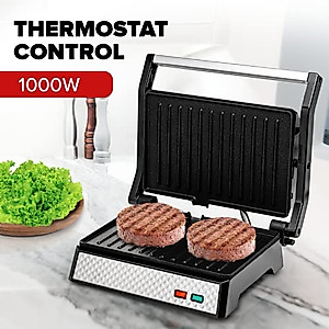 OVENTE Electric Indoor Panini Press Grill and Sandwich Maker with Non-Stick Coated Plates, Opens 180 Degrees to Fit Any Type or Size Food, Temperature Control and Removable Drip Tray, Silver GP0620BR