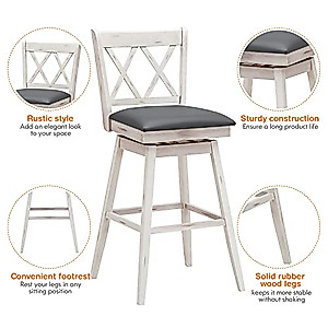 COSTWAY Bar Stool Set of 4, 360 ° Swivel Bar Height 29.5 inch Bar Stool with Foot Rest Upholstered Cushion & Ergonomic Backrest, Sturdy Frame, for Pub, Restaurant, Home (4, Antique White + Grey)