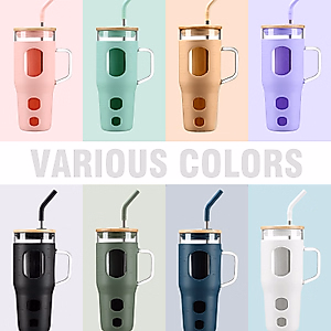 WINSA 32 oz Glass Tumbler with Lid and Straw,Glass Water Bottles with Handle,Glass Cup with Time Marker and Silicone Sleeve, Fits in Cup Holder BPA Free-Olive