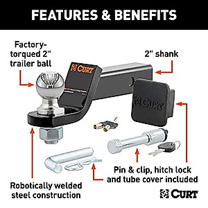 Curt Manufacturing 45534 Trailer Hitch Mount, 2-Inch Ball, Lock, Fits 2-In Receiver, 7,500 lbs, 2" Drop, Cap