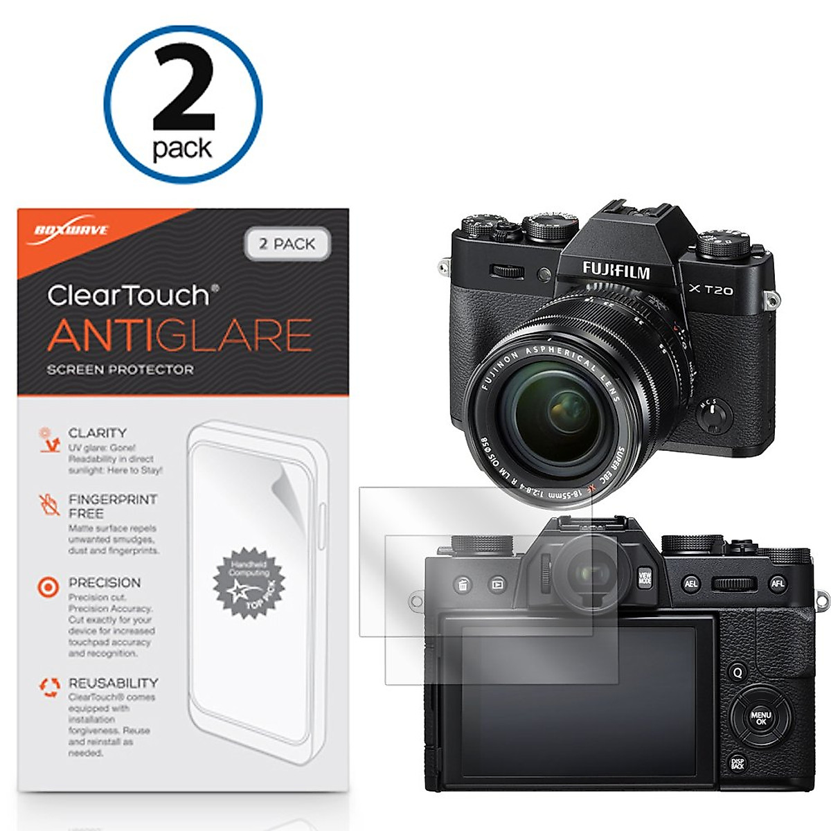 BoxWave Screen Protector Compatible with Fujifilm X-T20 (Screen Protector ClearTouch Anti-Glare (2-Pack), Anti-Fingerprint Matte Film Skin for Fujifilm X-T20, Fujifilm X-T20, X-T10