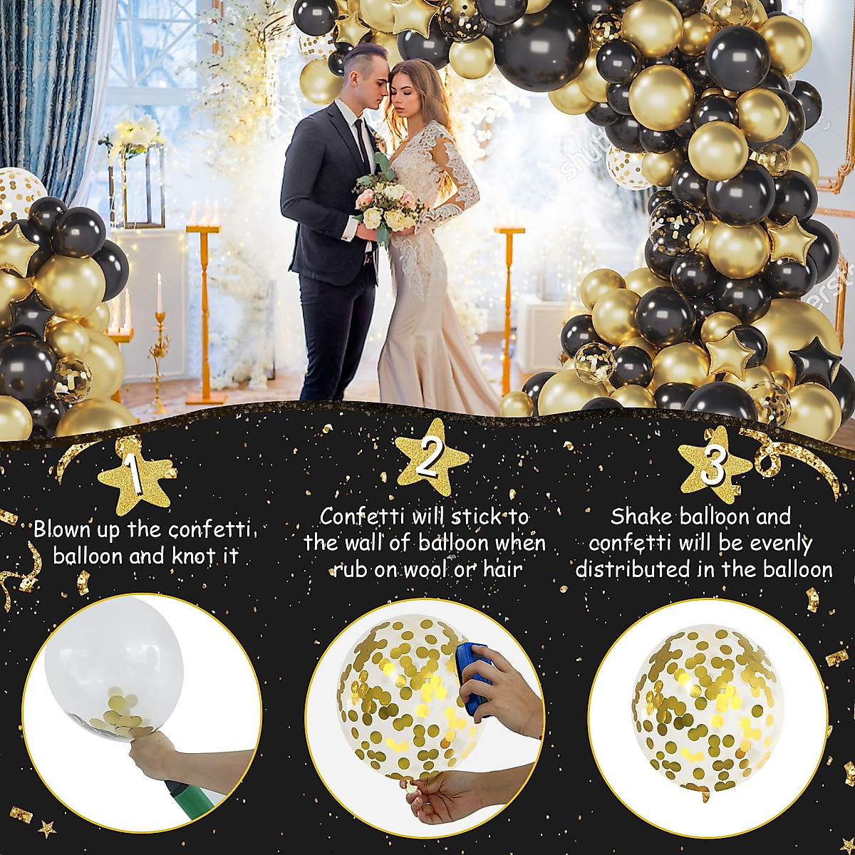 iLaFm 150pcs Black Gold Balloons Garland Arch Kit with Star Balloons for Graduation Class of 2024 Prom Birthday Retirement New Years Eve Wedding Anniversary Baby Shower Party Decorations