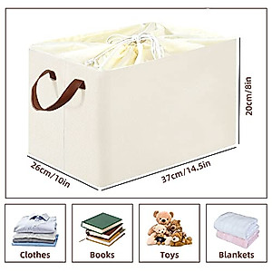 Yawinhe Foldable Storage Basket with Drawstring Cover and 2 Leather Handles, Collapsible Storage Bins, Baskets for Organizing Shelf Nursery Home Closet (Beige, 14.56x10.23x7.87in/4-Pack)