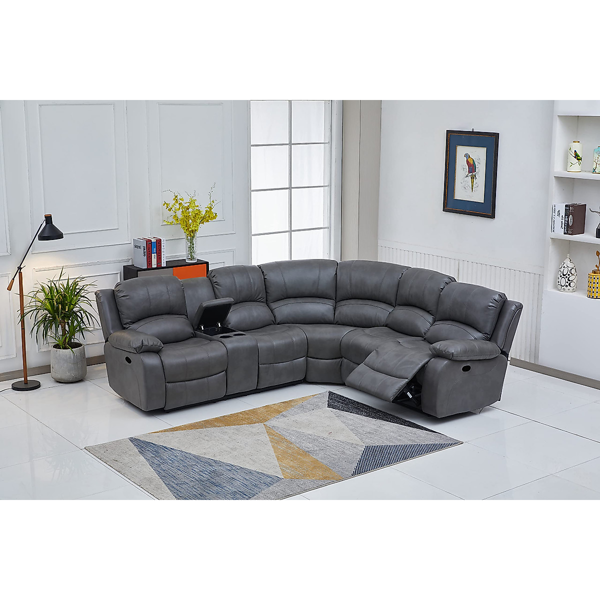 Betsy Furniture Bonded Leather Sectional in Multiple Colors, Sectional with 3 Reclining Seats, Console (Grey, Left Console Sectional)