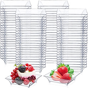 300 Pcs 1 oz Mini Dessert Plates Square Plastic Salad Plate Disposable Clear Plates for Tasting Exquisite Party Serving Trays for Appetizers Chocolates Ice Cream Fruit and More, 2.4 x 2.4 Inch