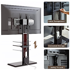 FITUEYES Universal Floor TV Stand with Swivel Height Adjustable Mount for 32 43 50 55 65 75 inch TVs, Mid Century Modern Corner TV Stand with Flexible Shelf for Living Room Bedroom (Black & Walnut)