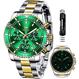OLEVS Mens Watches Green Chronograph Luxury Dress Moon Phase Quartz Stainless Steel Waterproof Luminous Business Calendar Wrist Watch