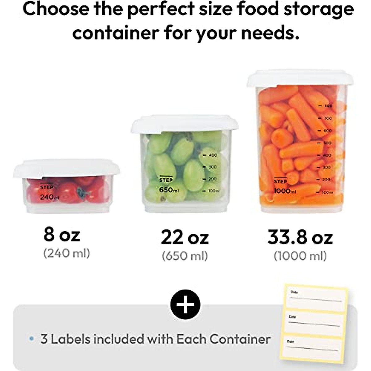 carrotez Stackable Food Storage Containers with Airtight lids, Meal Prep Containers, Portion Control Containers with labels, 16oz, Reusable, Pack of 2