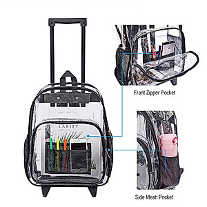 Rolling Clear Backpack, Heavy Duty See Through Bookbag, Transparent PVC Cold-resistant Backpack with Wheels ( Black)