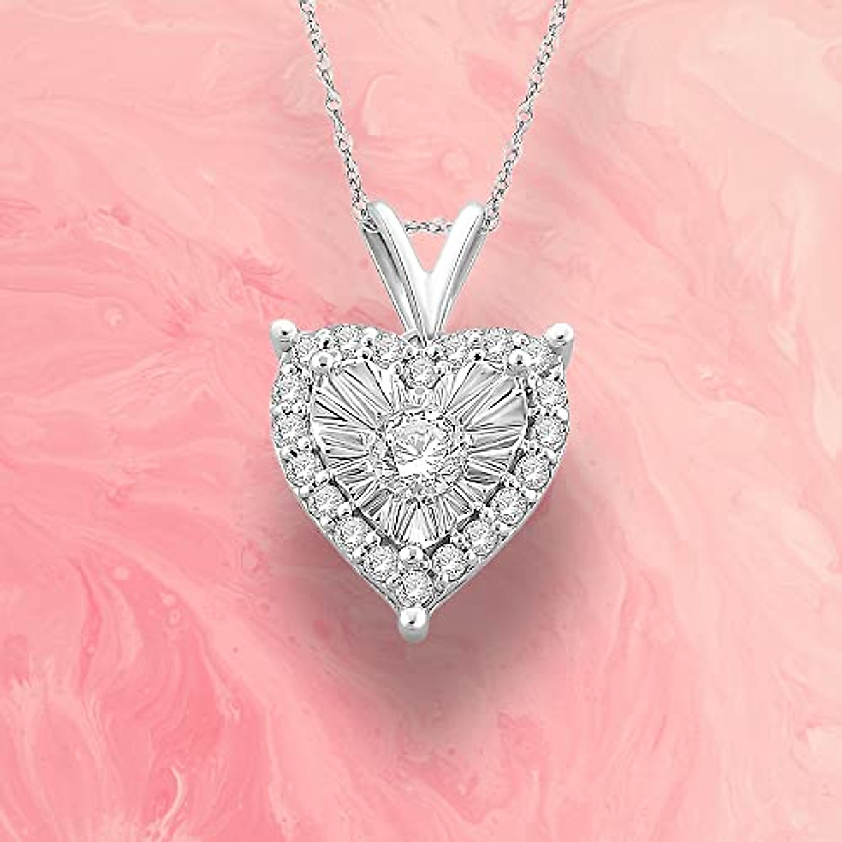 NATALIA DRAKE 1/4 Cttw Heart Halo Diamond Necklace for Women in Rhodium Plated 925 Sterling Silver Color H-I/Clarity I1-I2