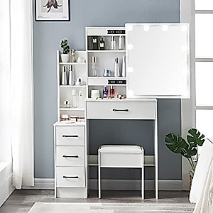 tojump White Vanity Set with Charging Station & LED Lighted Mirror, Modern Makeup Vanity Desk Dressing Table with Cushioned Stool & Drawers Chest for Bedroom (Vanity C3)