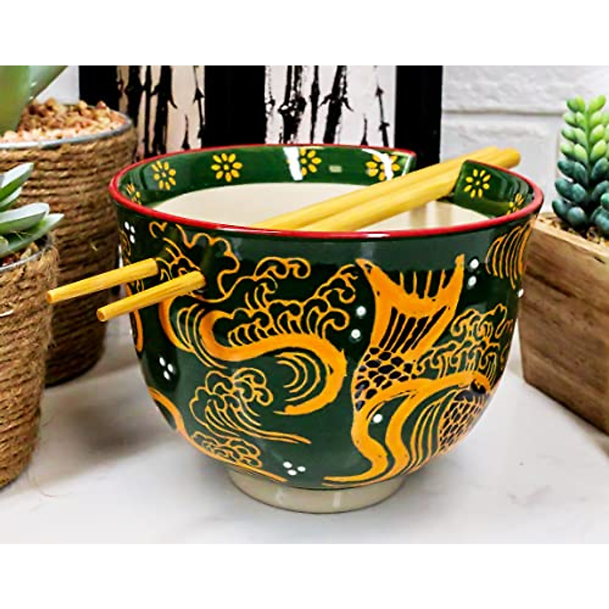 Ebros Gift Colorful Green And Yellow River Koi Fishes With Crystals Ramen Udong Noodles Bowl With Built In Chopsticks Rest and Bamboo Chopstick Set for Kitchen Dining Soup Rice Meal Bowls (1)