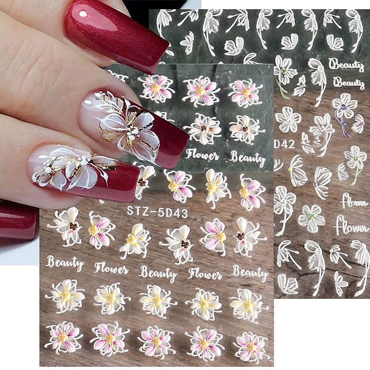 3D Embossed Spring Flower Nail Art Stickers Decals 4 Sheets 5D Self-Adhesive Pegatinas Uñas Pink Cherry Blossoms Floral Nail Supplies Nail Art Design Decoration Accessories