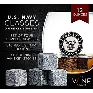 Globe Whiskey Decanter Set with 4 Liquor Glasses - Navy Whisky Decanter & Glass Set with Wood Base and 9 Whiskey Stones - Father's Day - Navy Gifts for Men - Bourbon and Scotch Military Gifts for Dad