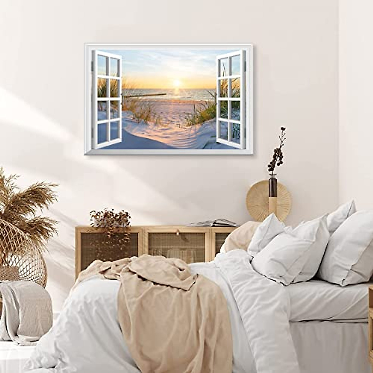 Woxfcart Window Beach Picture Canvas Wall Art Ocean Sunset Decor Yellow Natural Landscape with Framed 36x24