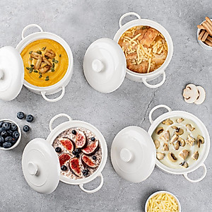 DELLING 28 Oz Soup Bowls with Handles and Lids, Large French Onion Soup Bowls, Ceramic Soup Crocks for French Onion, Oven Safe Bowls for Chili, Beef Stew, Cereal, Pot Pies, Bowls Set of 4, White