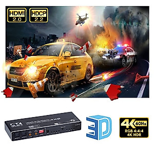 HDMI Matrix 4x2, 4K@60Hz HDMI Matrix Switch 4 in 2 Out with EDID Extractor and IR Remote Control, Support HDMI 2.0b, HDCP2.2, HDR10, Ultra HD, 3D