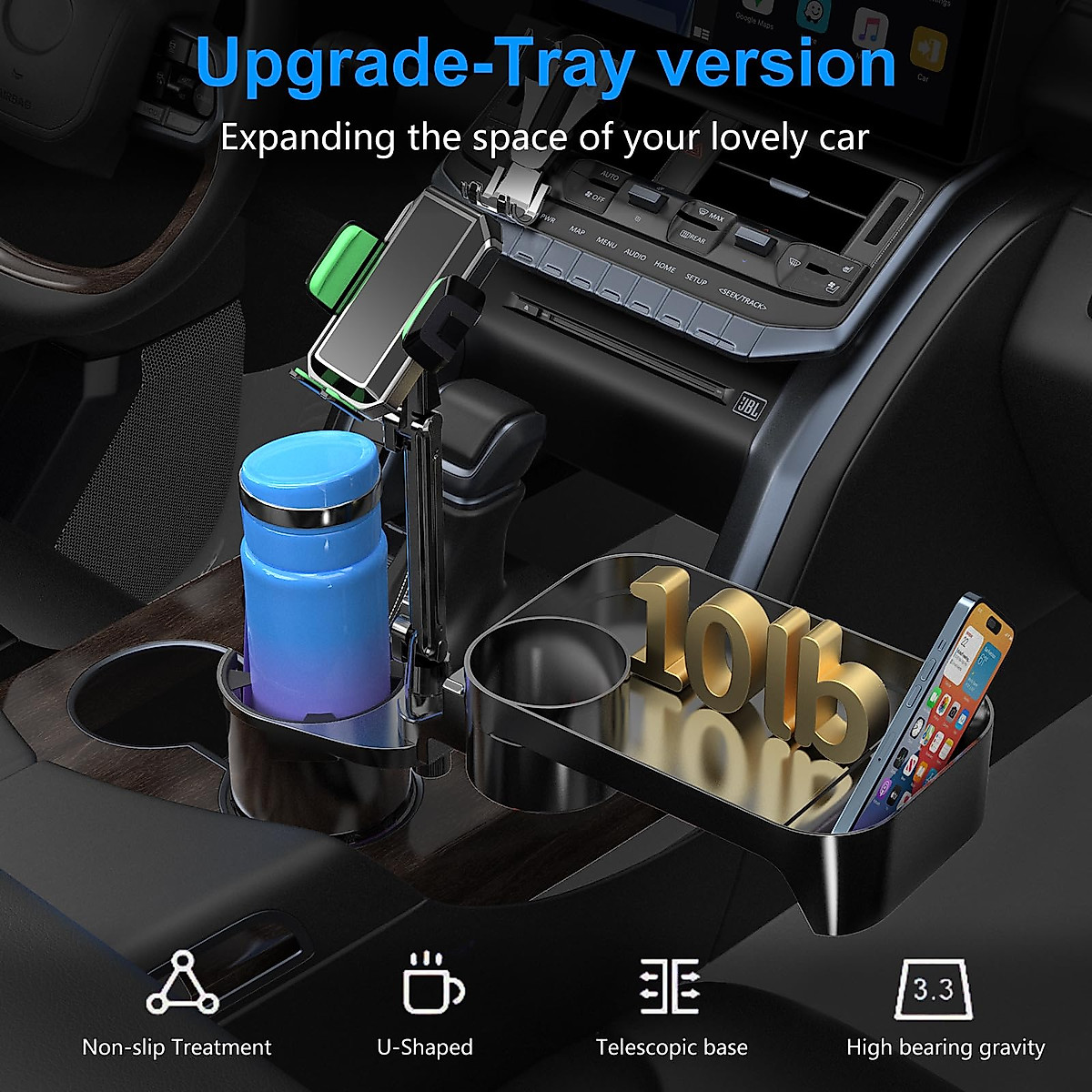 Car Cup Holder Tray with Phone Mount, 4 in 1 Detachable Car Cup Holder Food Tray Expander with Solid Base, Two Cup Holders, Food Tray and Phone Mount, Road Trip Essentials for iPhone 15 and Smartphone