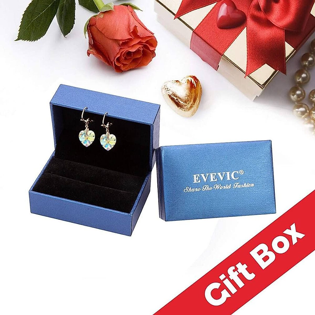 Austrian Crystal Heart Drop Leverback Earrings for Women Fashion Dangle Earring 14K Rose Gold Plated Hypoallergenic Jewelry (Red)