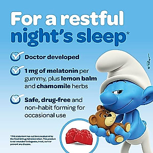 The Smurfs 1mg Melatonin Gummies for Kids with Chamomile & Lemon Balm for a Restful Sleep Age 3+ | Non-Habit Forming | Made with Real Fruit in a Smurf Berry | Doctor Developed | 50 Vegetarian Gummy