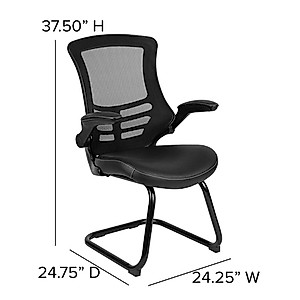 Flash Furniture Kelista Black Mesh Sled Base Side Reception Chair with White Stitched LeatherSoft Seat and Flip-Up Arms