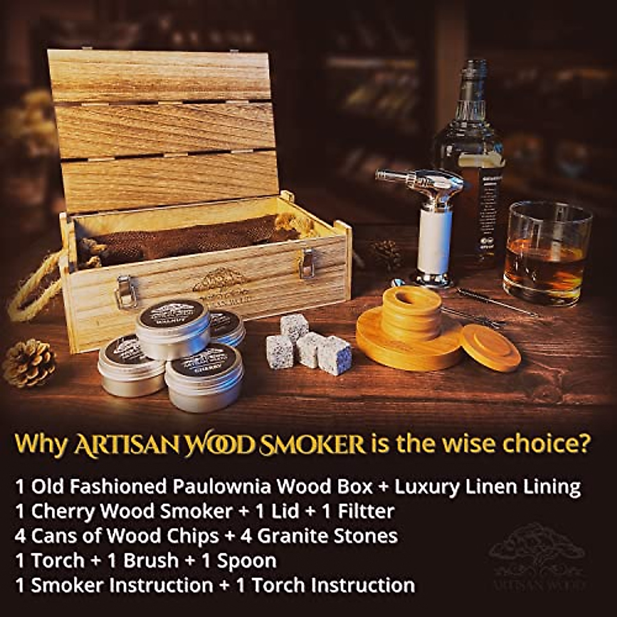 Cocktail Smoker Kit with Torch in Old Fashioned Box. 4 Kinds of Wood Chips for Your Favorite Drink. Infuse Liquor, Cocktail, Whiskey, Bourbon, etc. (Butane Not Included)