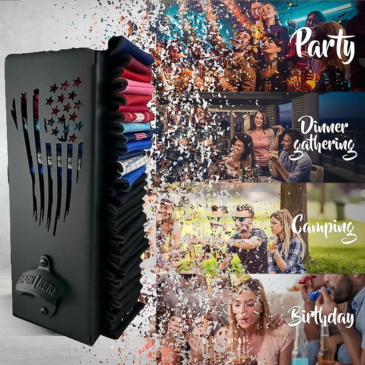 Oocpin 2024 Can Cooler Holder with Bottle Opener, Wall Mounted Can Cooler Holder, Ergonomic Magnetic Metal Can Cooler Dispenser, 2 in 1 Can Cooler Holder for Home Bars (Flag 16in), Black