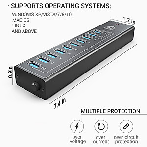 BrovSS: 10 Port Powered USB 3.0 Hub Aluminum with 4 IQ Ports - USB 3 Splitter with 12V 3A 36W Power Adapter. Connect up to 10 Electronics and USB peripherals (Black)