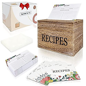 feasteery Recipe Box,Recipe Cards 100 Size 4x6 with 16 Divider,1 Conversion Card,100 Card Protectors,Rustic Wood Box Organizer Set,Cute Box for Housewarming Grandma Mom Wedding Bridal Shower